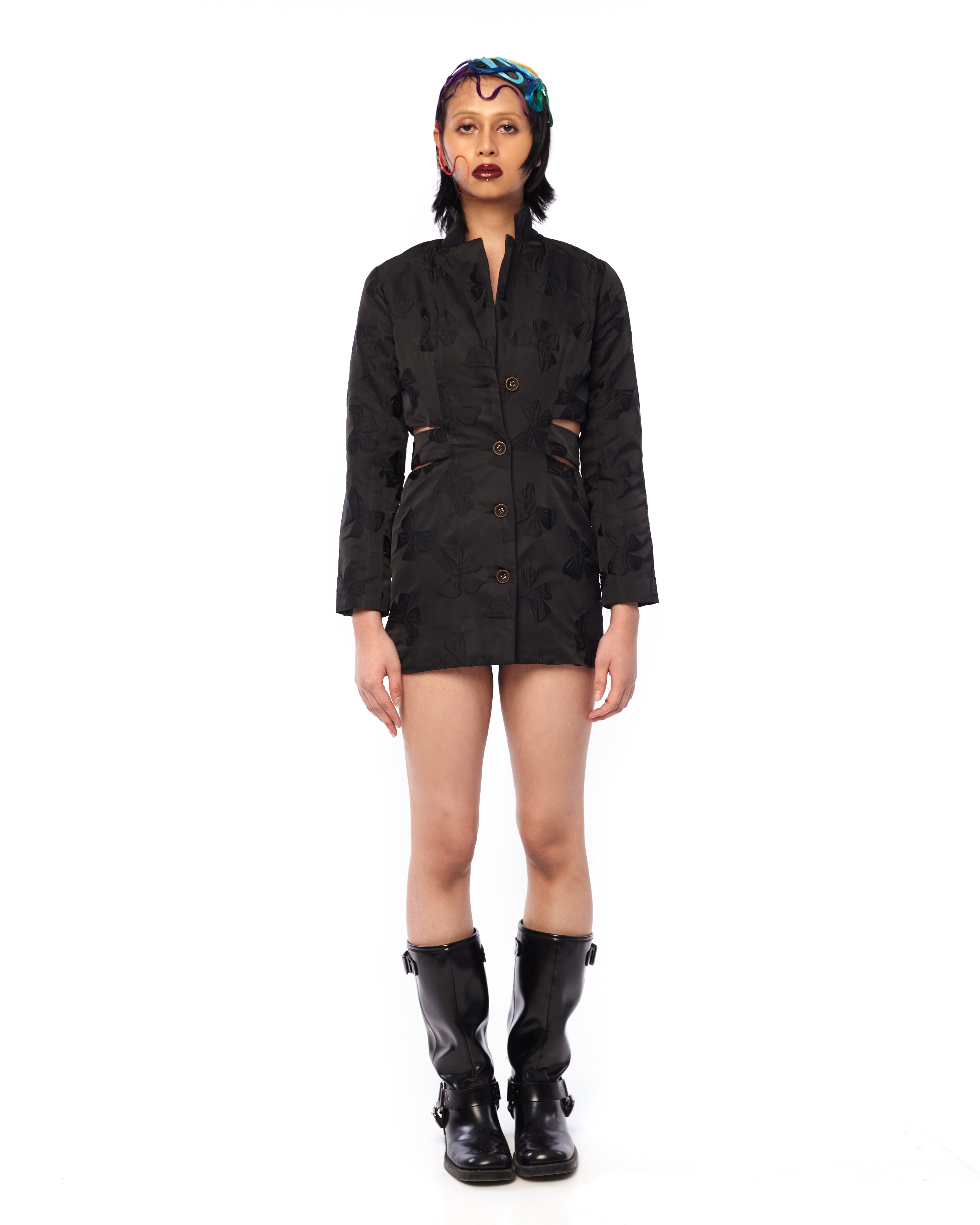 RIBBON PRINTS JACQUARD SIDE CUT OUT SUIT DRESS - BLACK – Mell