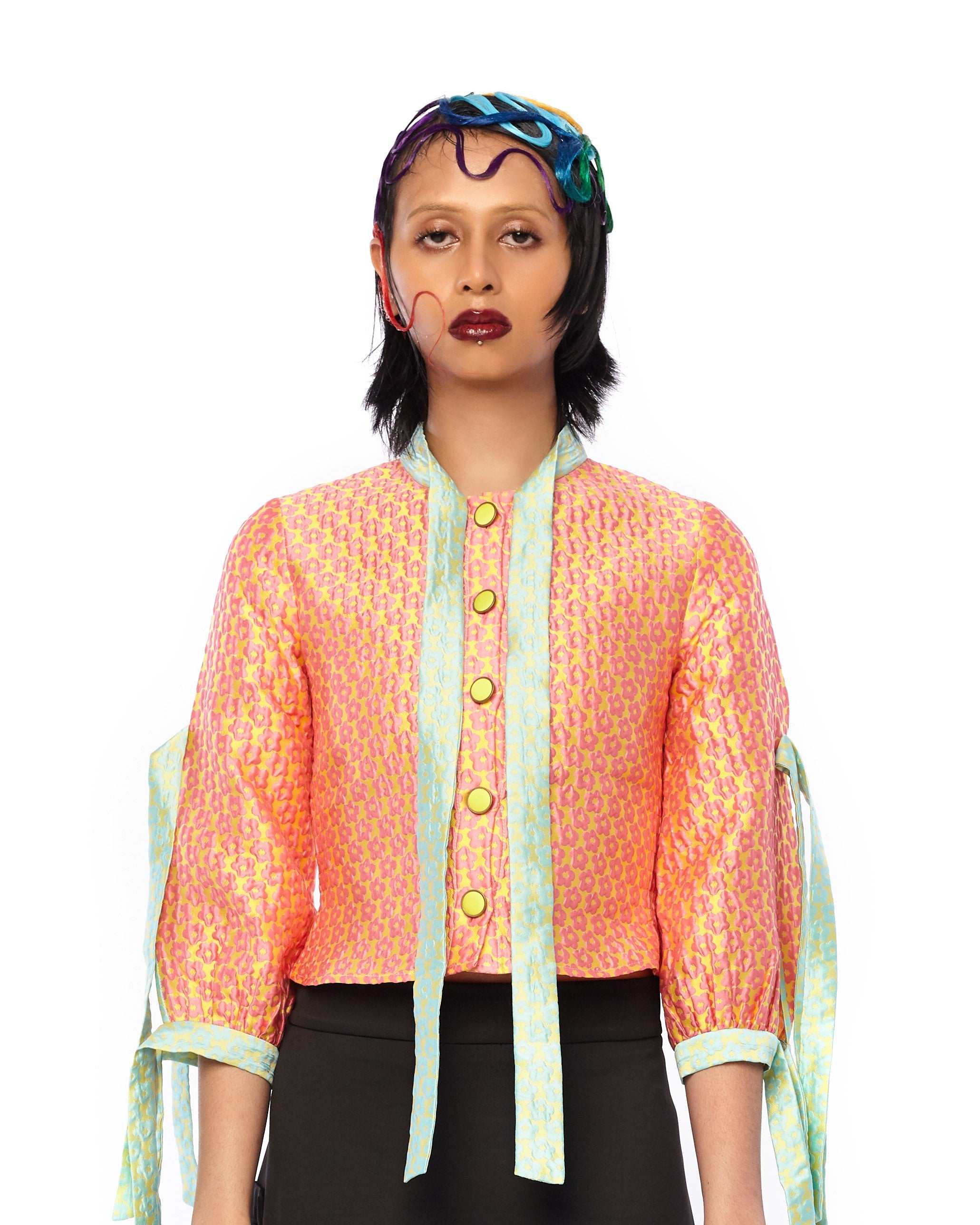 RIBBON TIED ON NECK SEMI FITTED FLORAL JACQUARD BLOUSE - PINK – Mell