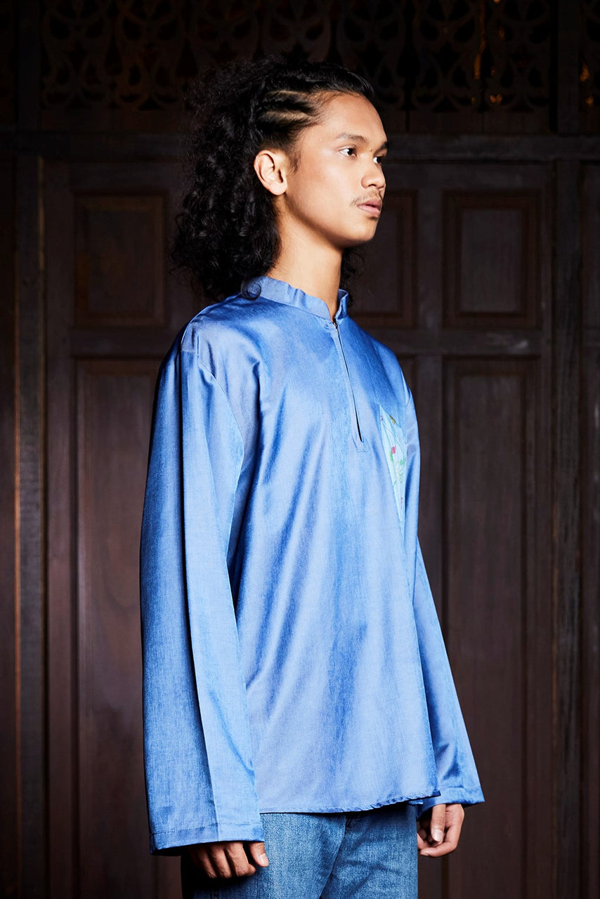 FRONT ZIP BAJU MELAYU WITH PRINTED POCKET - NAVY – Mell